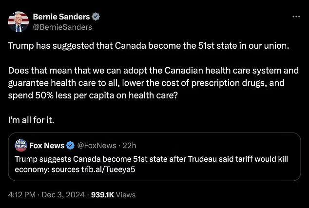 Bernie Sanders says he supports Trump making Canada the 51st state ...