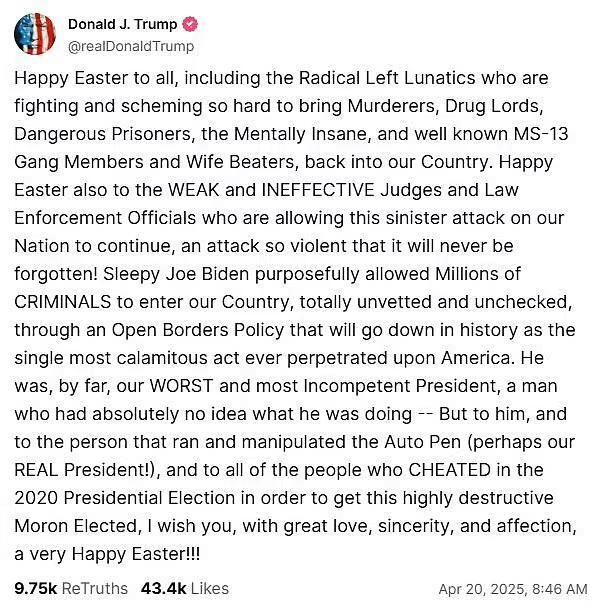 Donald Trump posts unorthodox Easter message...complete with a scathing ...