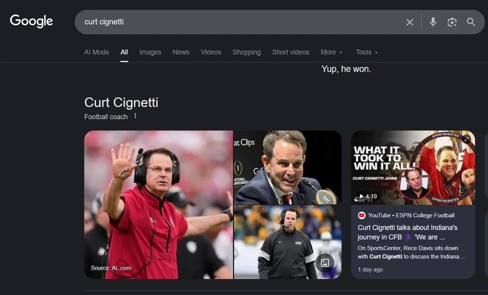 “Yup, he won:” Google confirms what Curt Cignetti promised two years ...