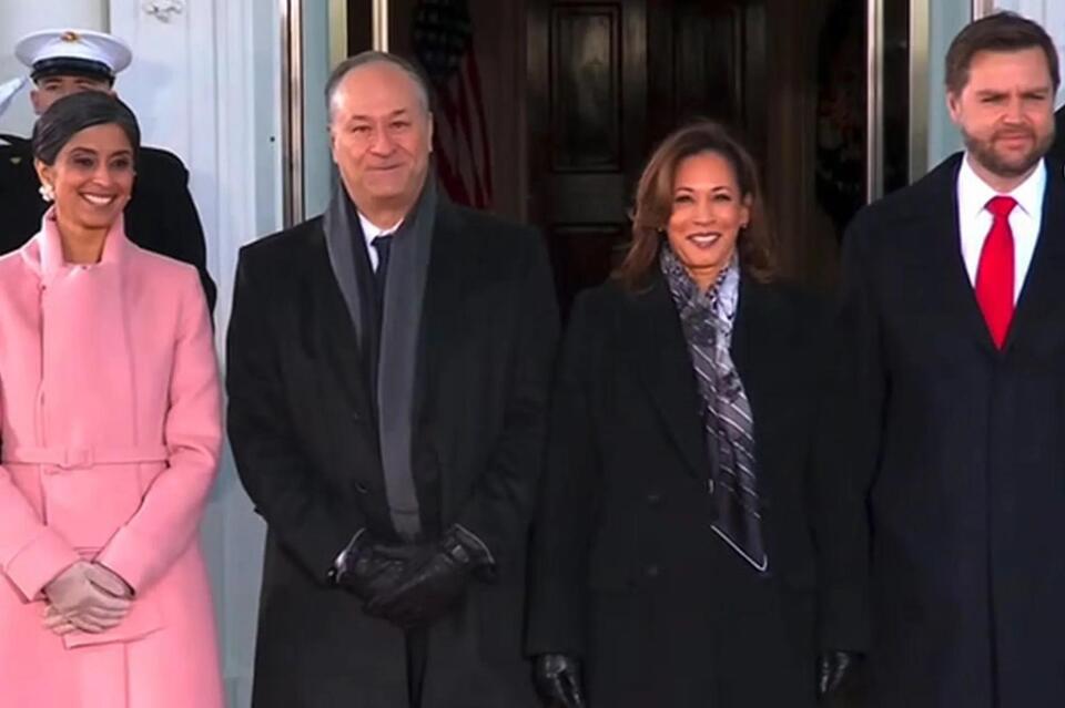 Kamala Harris and husband Doug Emhoff greet JD Vance and wife Usha on ...