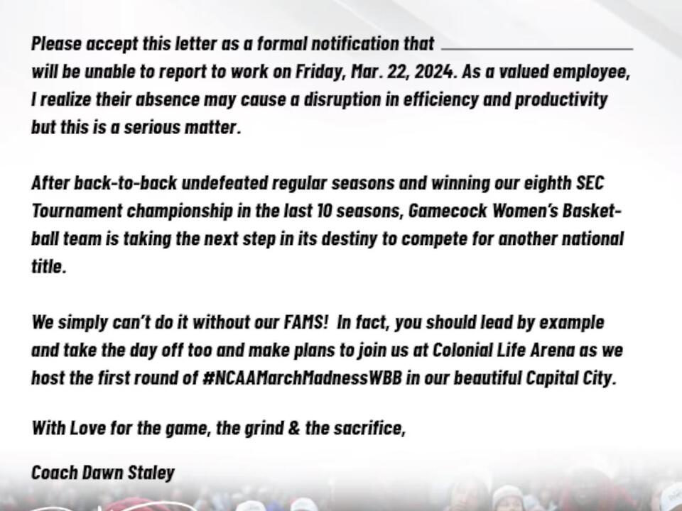 USC Women’s basketball coach Dawn Staley issues sick note for fans to ...