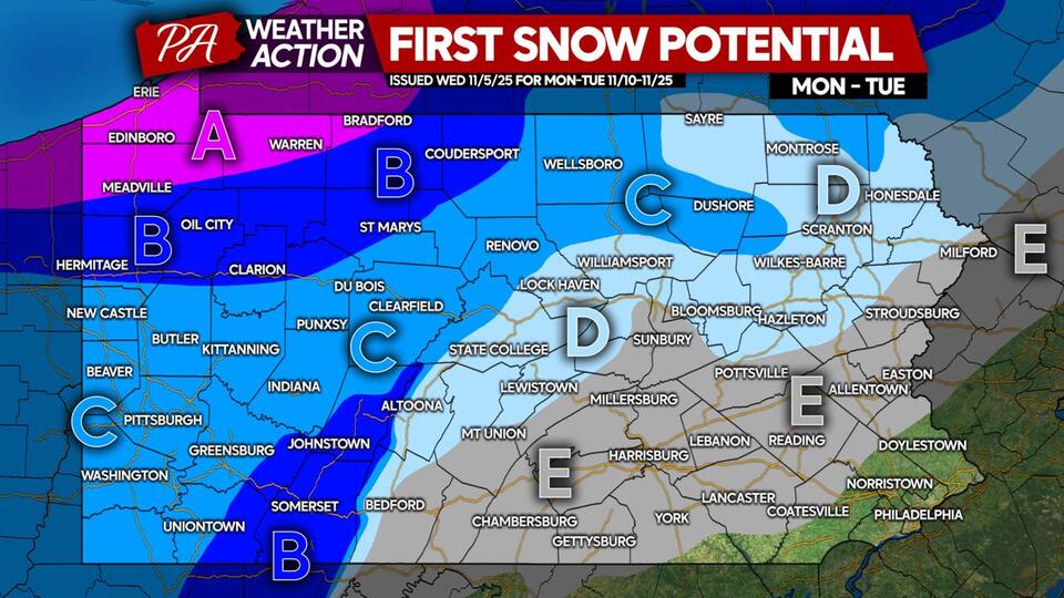 First Snow Potential of Fall ’25 Comes Mon-Tue in Much of Pennsylvania ...