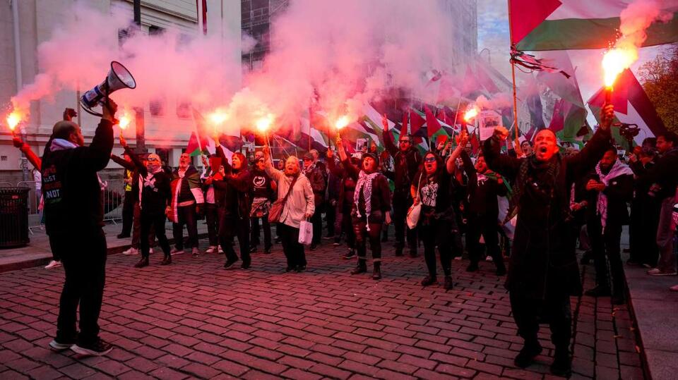 Pro-Palestinian protesters march to stadium before Norway's 5-0 World ...