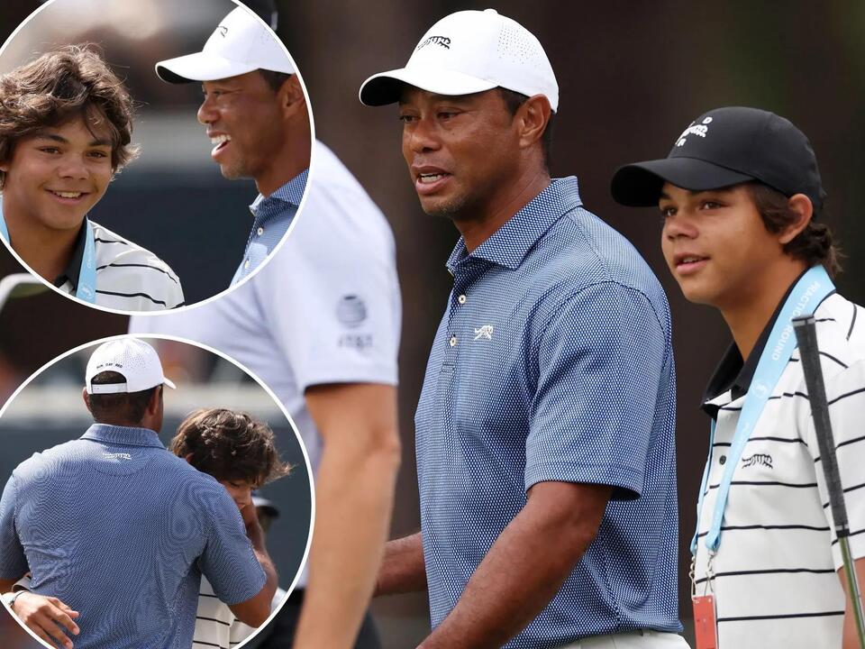 Tiger Woods gets help from son Charlie during US Open practice round