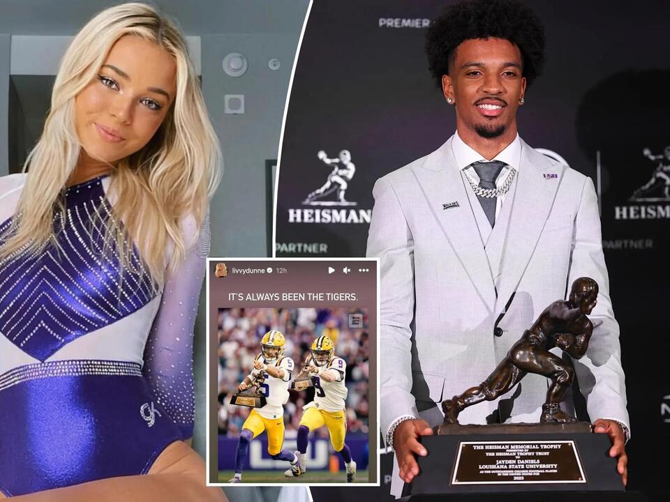 Olivia Dunne celebrates LSU quarterback Jayden Daniels’ Heisman Trophy win
