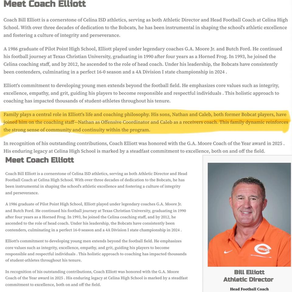 CELINA ISD Deletes Head Coach Bill Elliott’s Bio, Removing Reference to ...