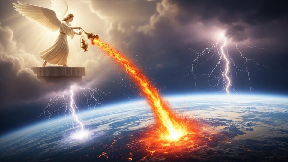 An angel filled a golden bowl with altar fire and threw it at the Earth ...