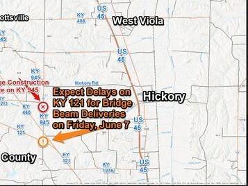 100 ft. bridge beam delivery delays KY 121 traffic in Graves County
