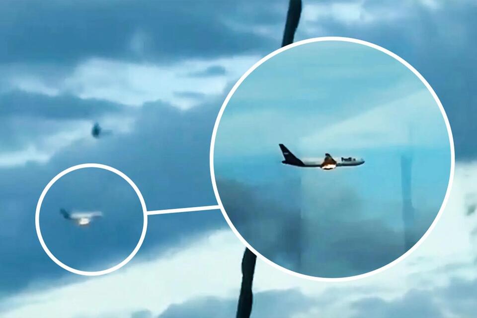 Video shows FedEx cargo plane engine ablaze prompting emergency landing ...