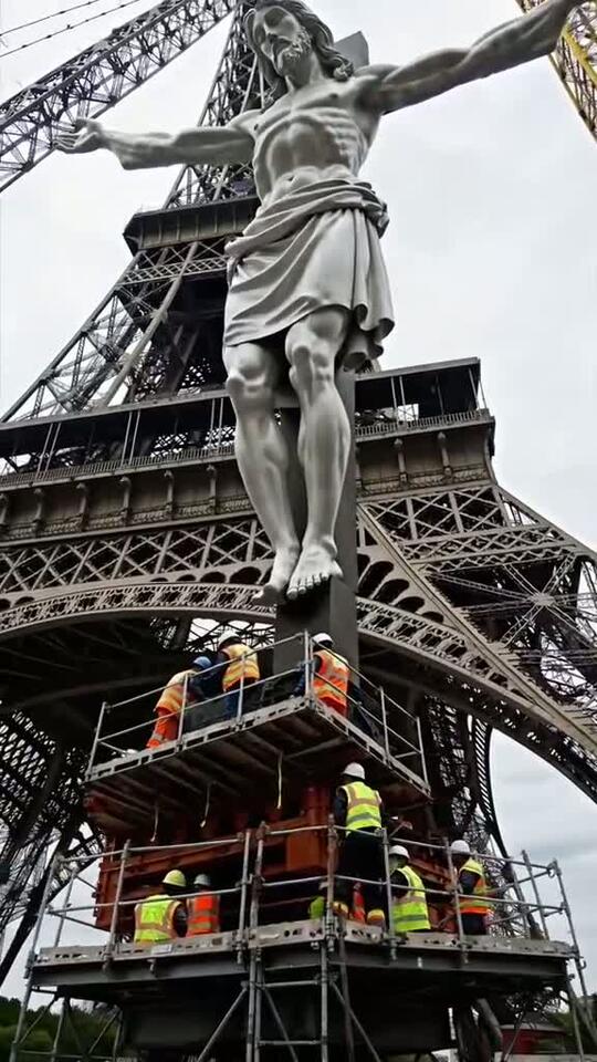 A first look at the Jesus sculpture being installed at the Eiffel Tower ...