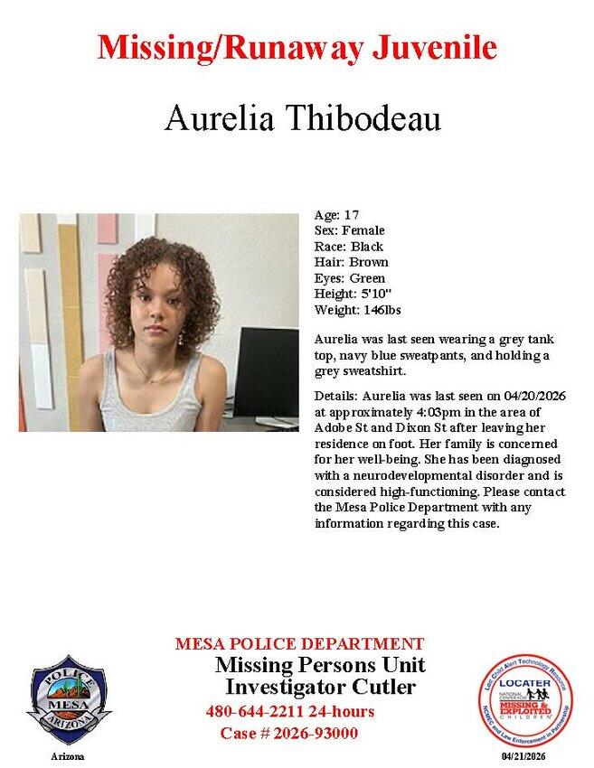 Aurelia Thibodeau, 17, missing from Mesa, police say - NewsBreak