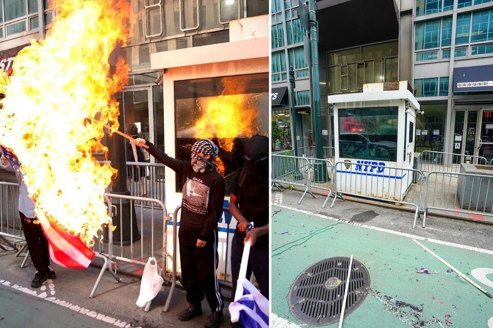 The moment masked anti-Israel protesters set fire to American flags ...
