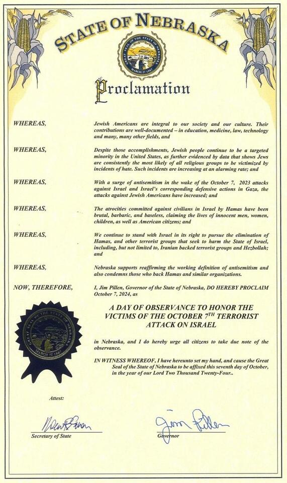 Gov. Pillen Signs Proclamation Marking 'Day of Observance' for Israel ...
