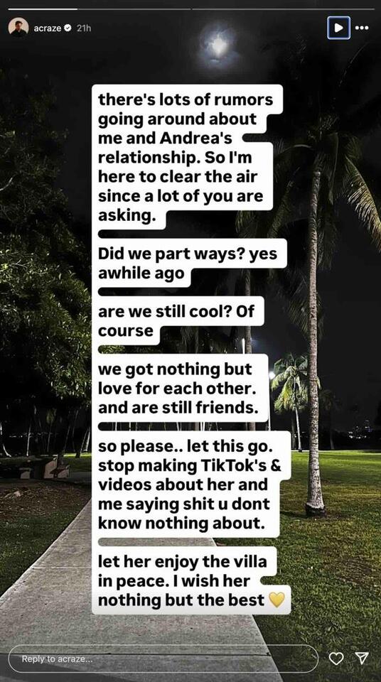 ACRAZE confirms breakup with Andrea Carmona before she competes on Love ...