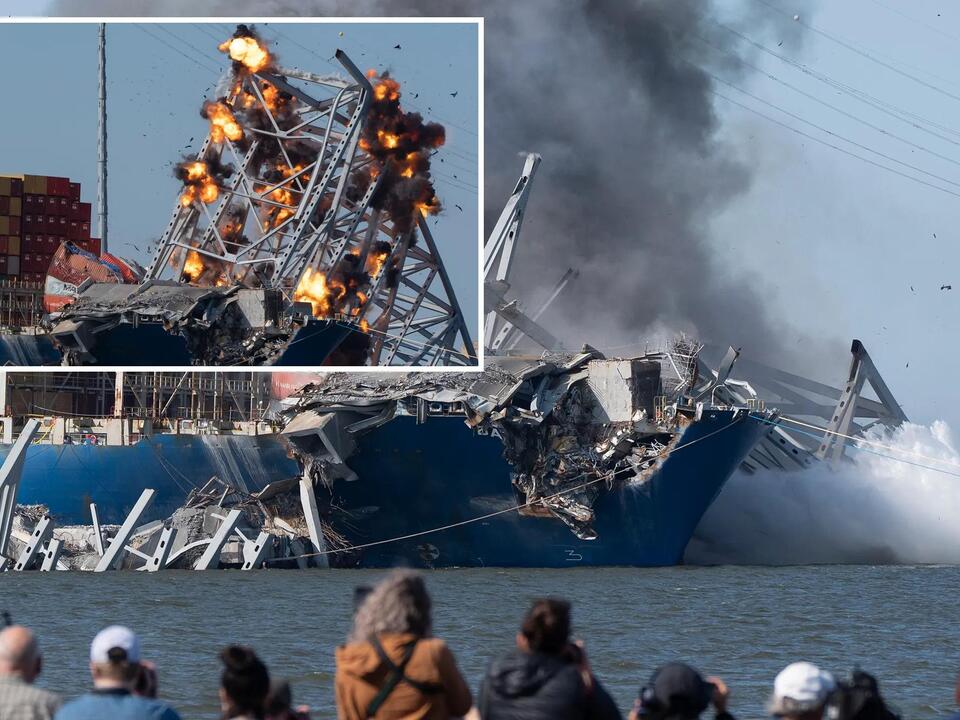 Collapsed Baltimore Key Bridge span comes down with a boom after crews ...