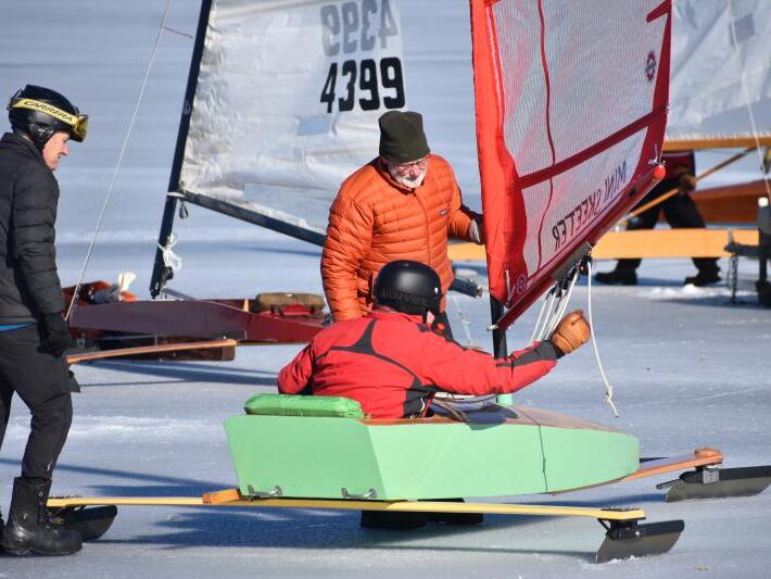 Ice sailing boats catch the wind at Chickawaukie Pond