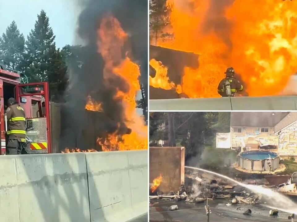 Video shows tractor-trailer gas tank exploding next to firefighters on ...