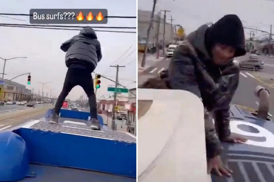Daredevils now riding a new wave by standing on top of NYC buses in twist on deadly subway ...