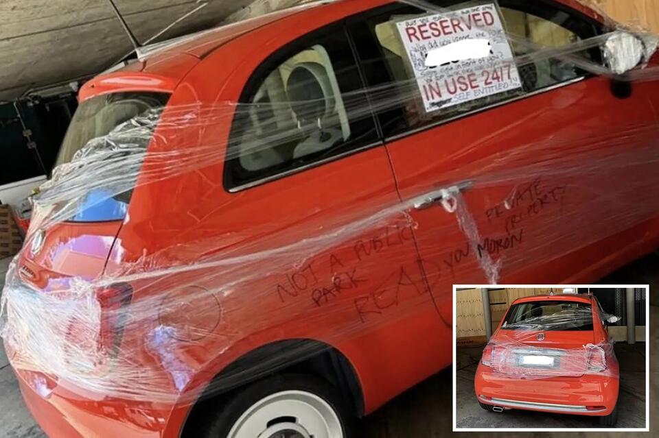 ‘Read, you moron’: Car covered in plastic wrap after parking on private ...