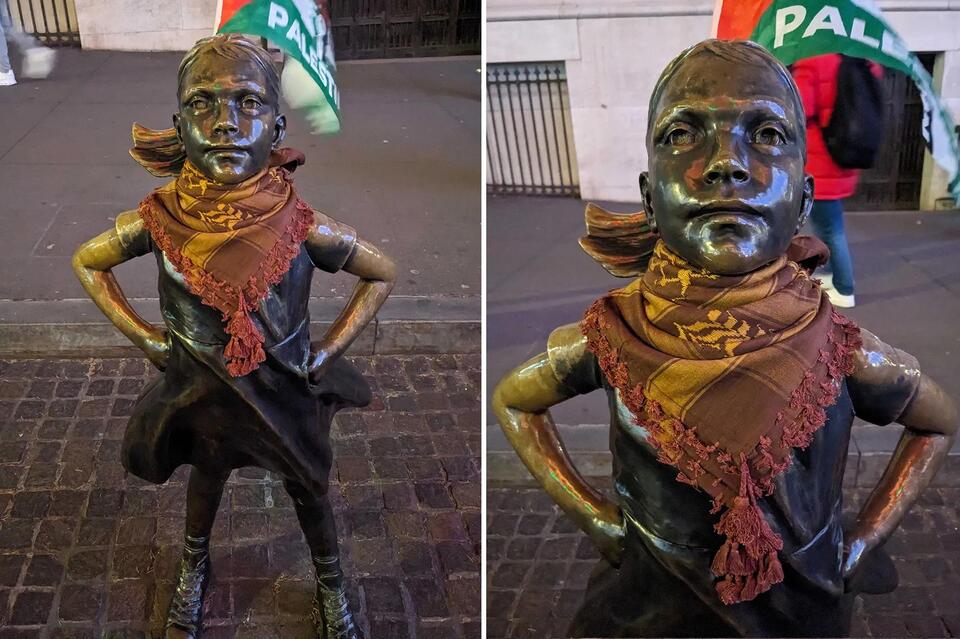 Wall Street’s ‘Fearless Girl’ dressed up in pro-Palestinian garb by ...