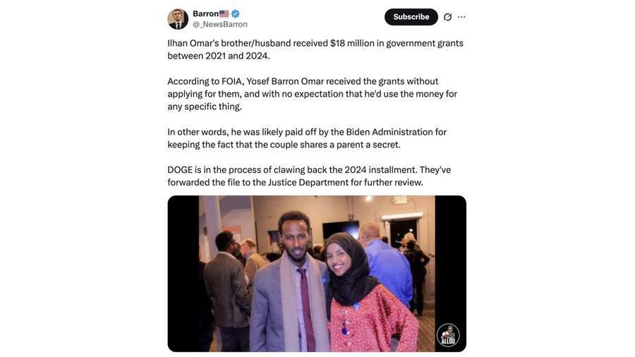 Fact Check: Ilhan Omar's 'Brother' 'Yosef Barron Omar' Did NOT Get $18 ...