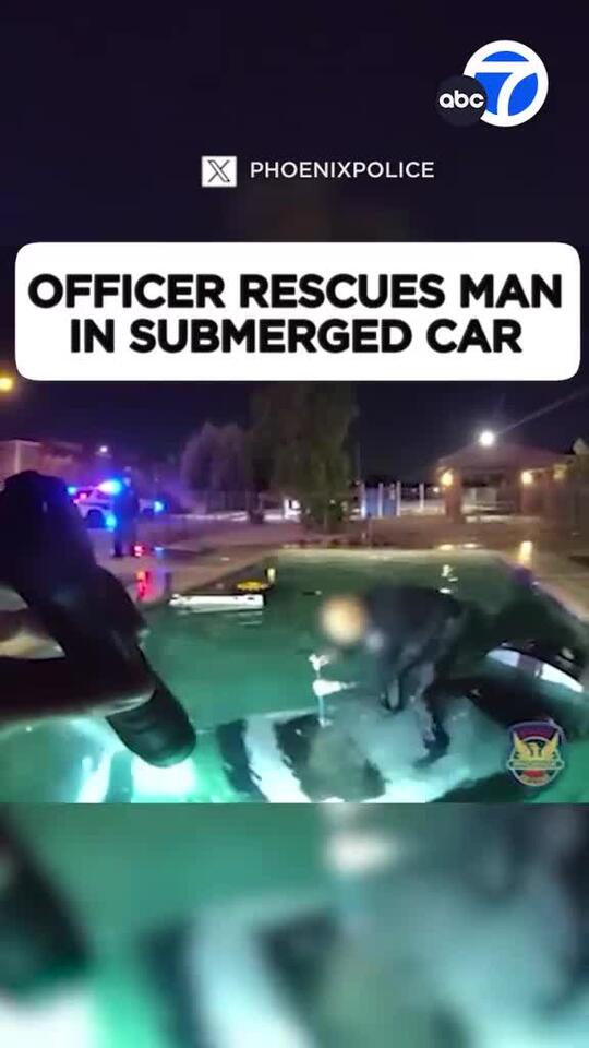 Police officers in a man who was trapped in a car submerged in a pool ...