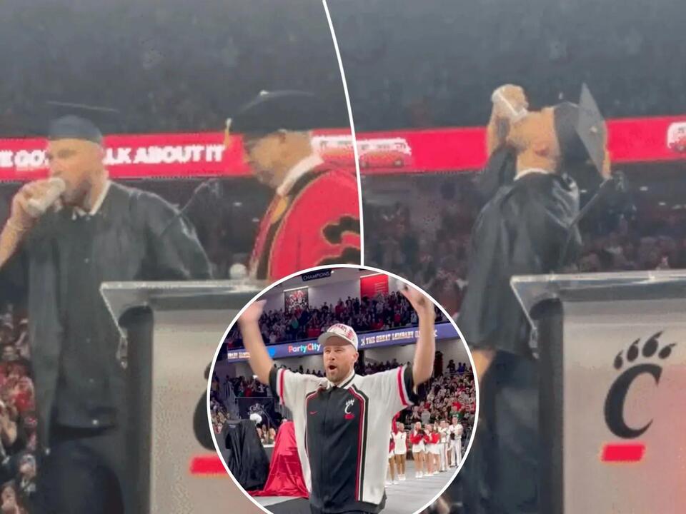 Travis Kelce chugs, slams beer during Cincinnati graduation ceremony ...