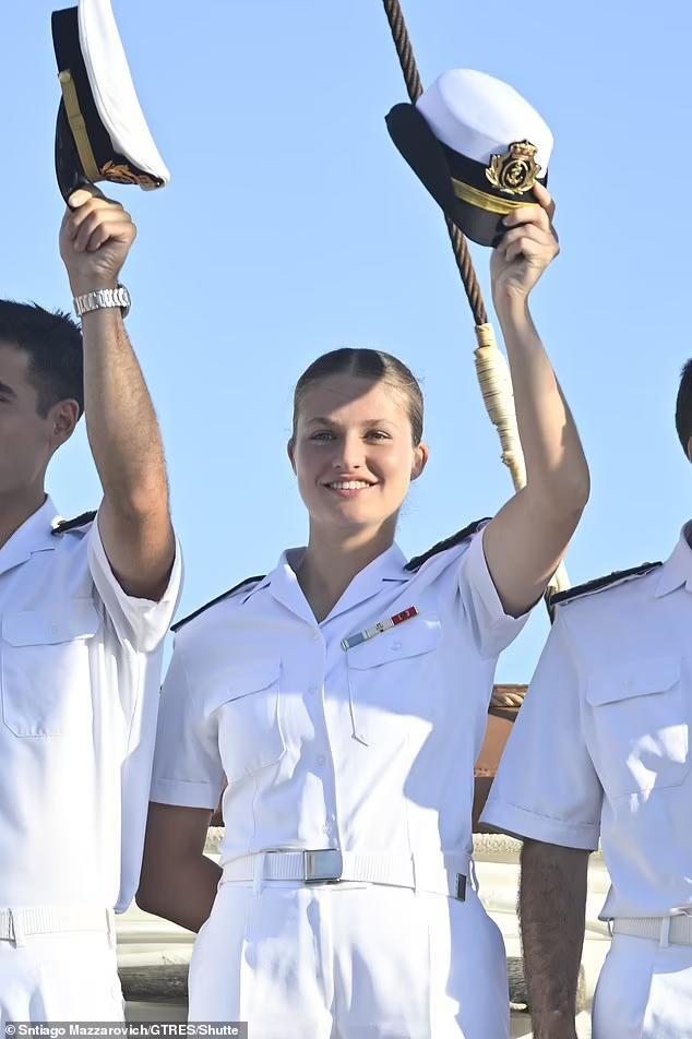 Princess Leonor of Spain salutes in her navy uniform as she boards a ...