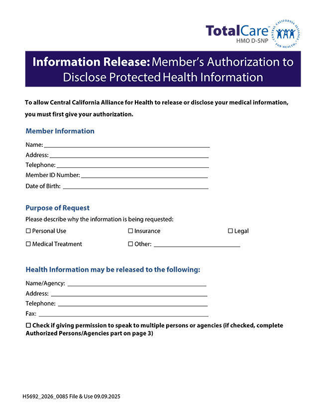TotalCare (HMO D-SNP) Authorization for Release of Protected Health ...