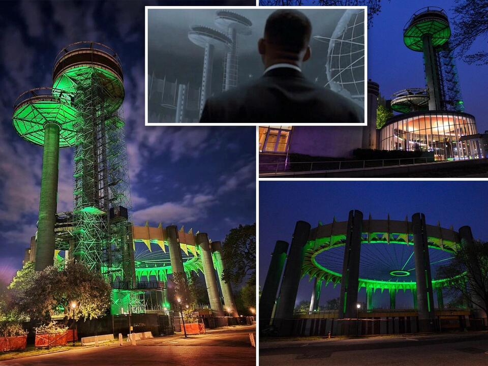 Iconic ‘Men in Black’ spaceship towers light up once again in Queens