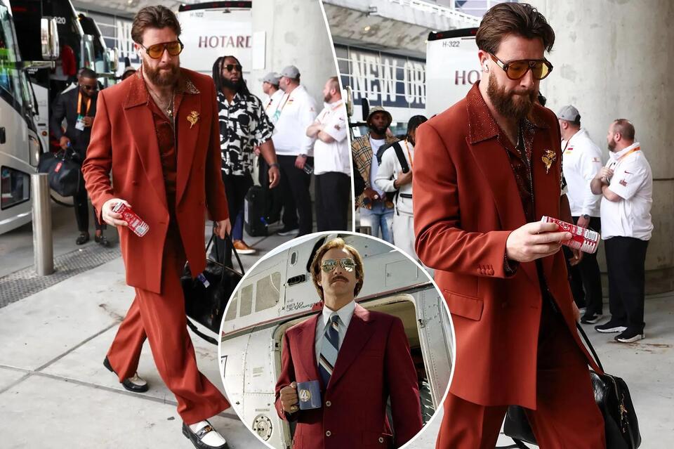 Travis Kelce rocks ‘70s-inspired ‘Anchorman’ suit for Super Bowl 2025 ...