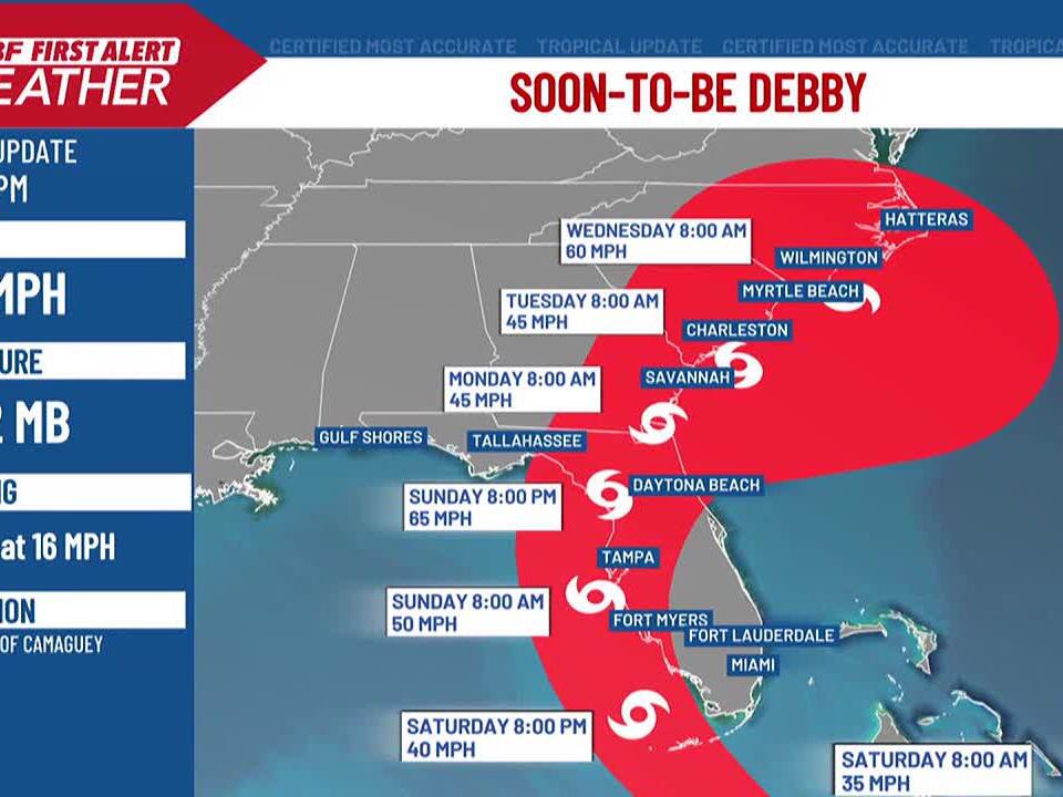 First Alert: Andrew's Friday 11 a.m. update on soon-to-be named Tropical Storm Debby