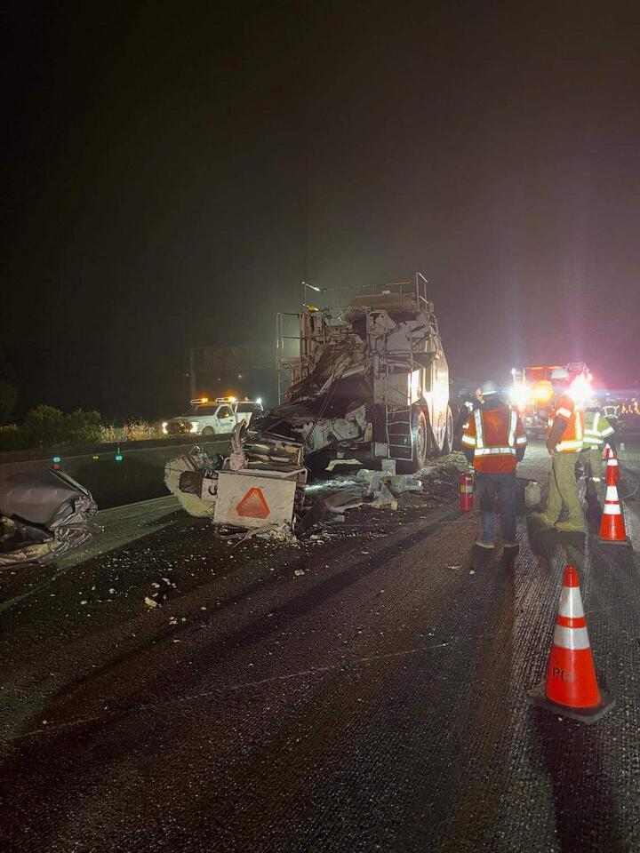 Highway 101 closes after semi-truck crashes into construction in Pismo ...