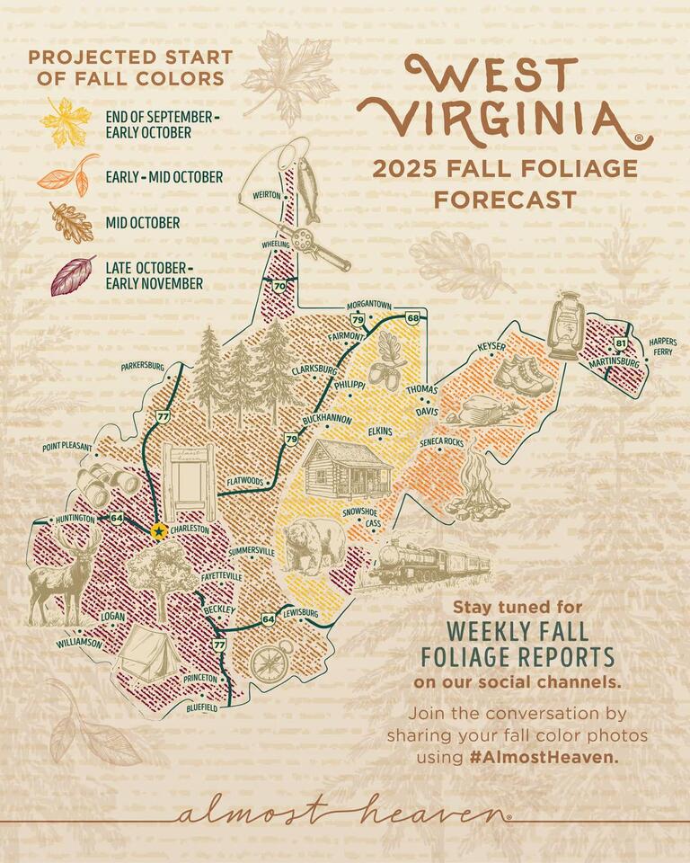 West Virginia unveils 2025 fall foliage map, peak dates, live leaf ...