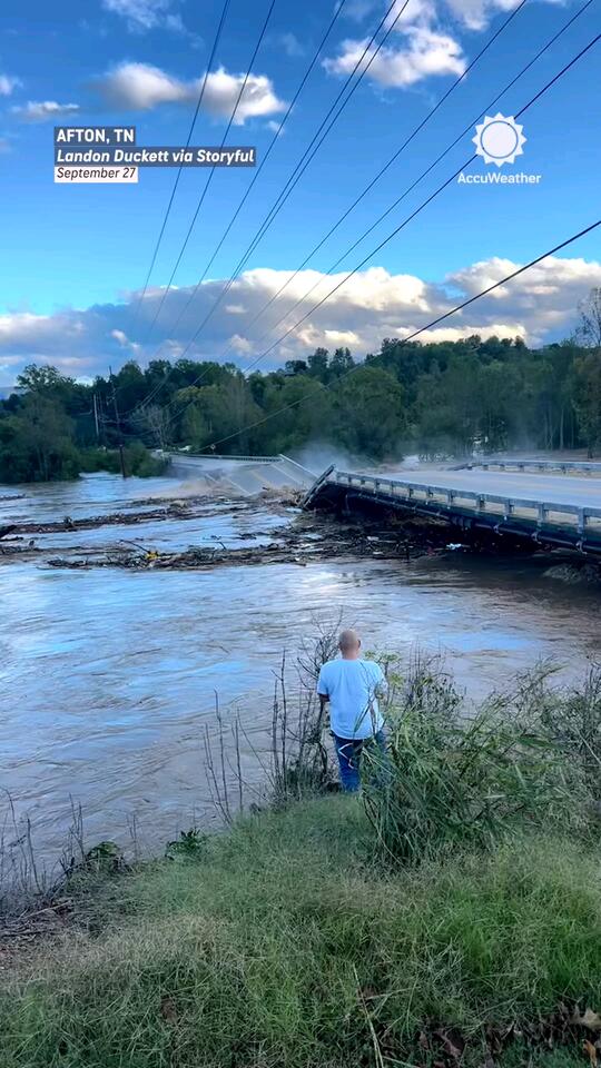powerful flood from Helene collapse prisoner bridge in Afton Tennessee into the roaring ...