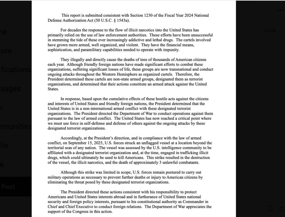 Read the memo: Trump tells Congress U.S. in 'armed conflict' with drug ...