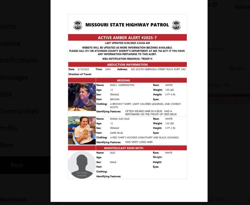Patrol: Amber Alert for two 12-year-old Missouri girls - NewsBreak