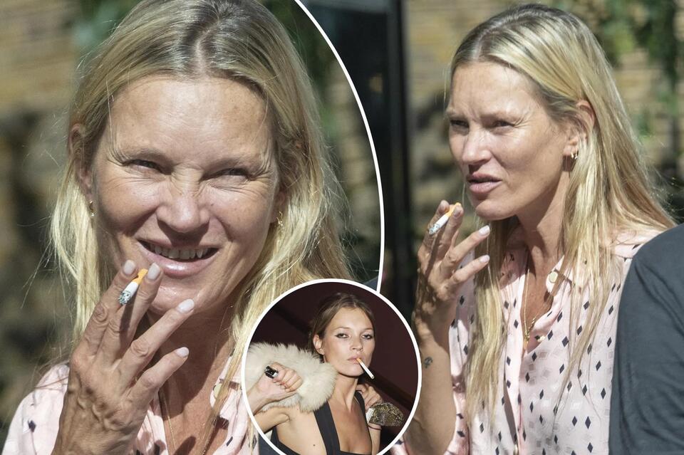 Kate Moss looks unrecognizable while smoking a cigarette during lunch ...