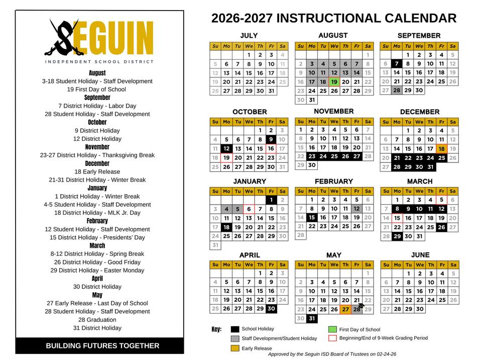 Seguin ISD releases 2026-2027 academic calendar - NewsBreak