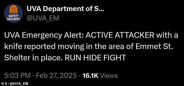 University of Virginia issues emergency alert over 'active attacker with knife' - NewsBreak