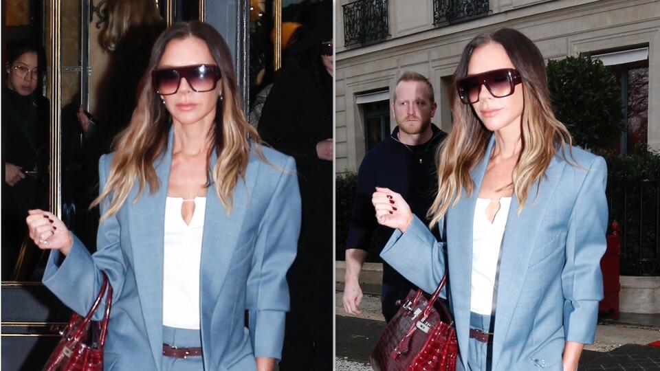 Victoria Beckham Owns Paris Fashion Week in Powder Blue Power Suit ...