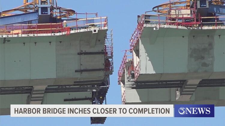 Crews work to connect the Harbor Bridge over the water - NewsBreak