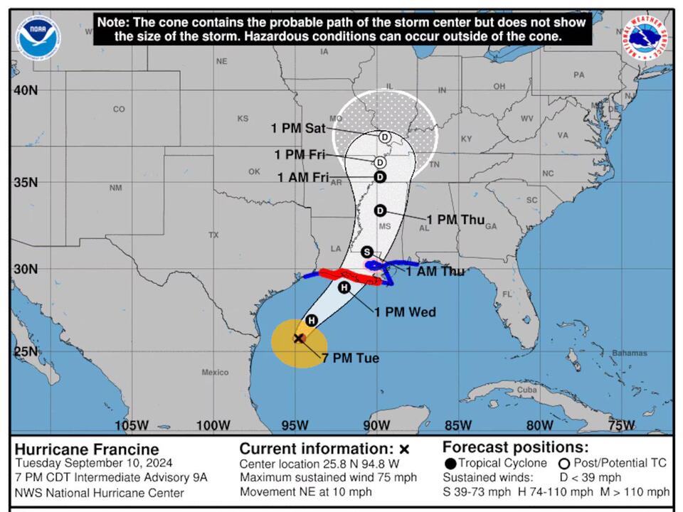Hurricane Francine track update: Francine strengthens to Category 1 ...