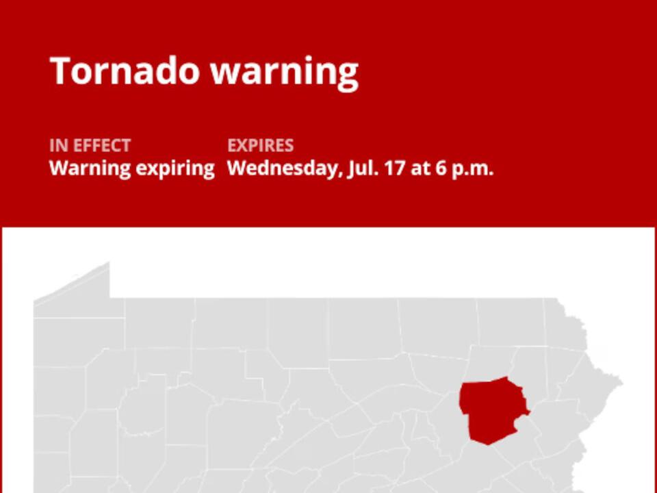 Update: The current tornado warning will be expiring at 6 p.m.